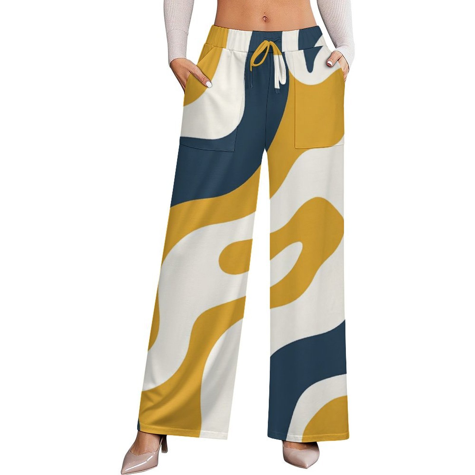 Abstract Wavy Yellow Blue Art Women's Casual Wide Leg Pants Comfort ...