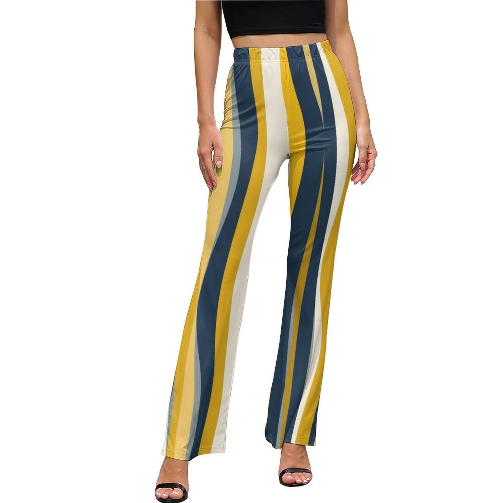 Abstract Wavy Yellow Blue Lines High Waisted Casual Flared Trousers ...
