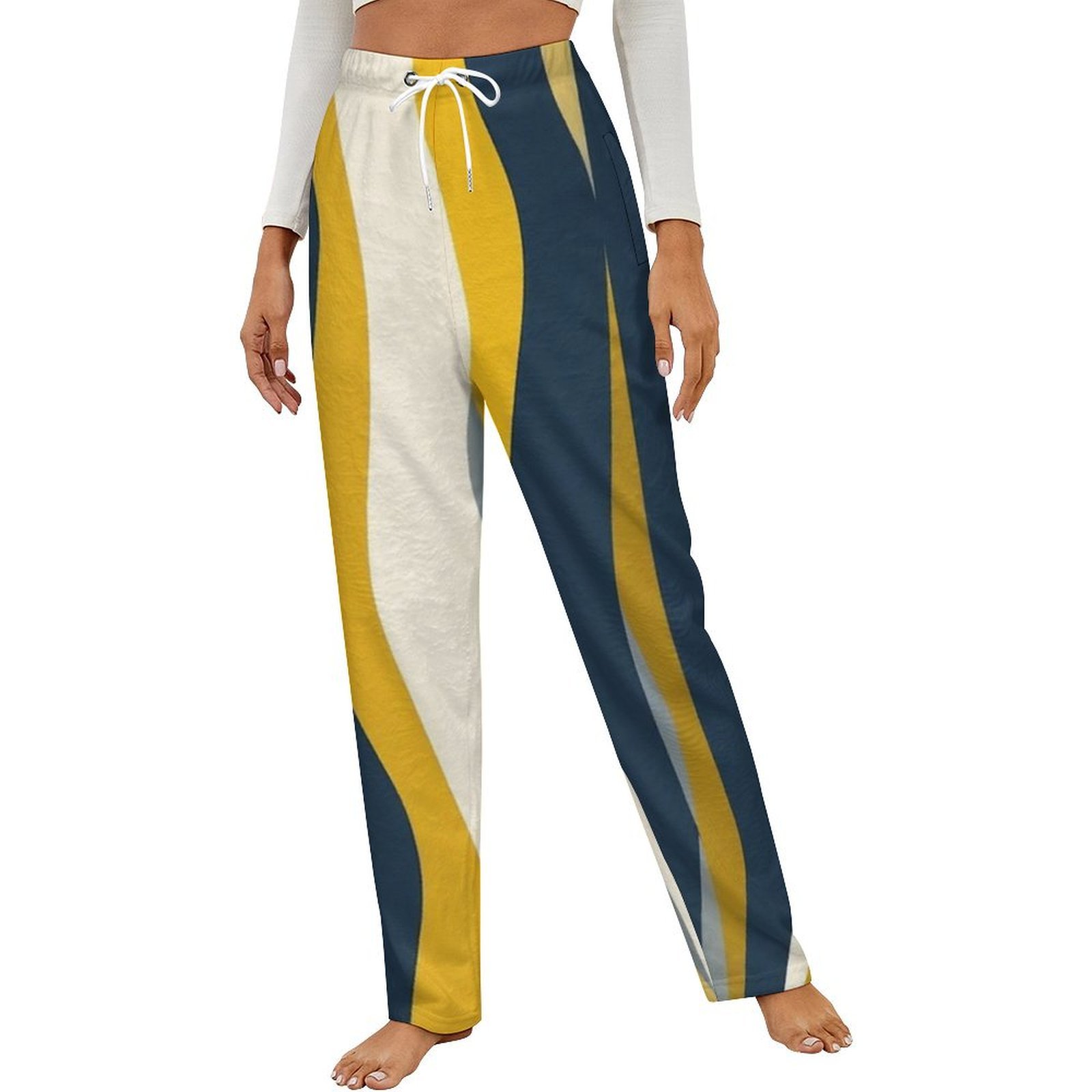 Abstract Wavy Yellow Blue Lines Winter Female Pants Flannel High Waist ...