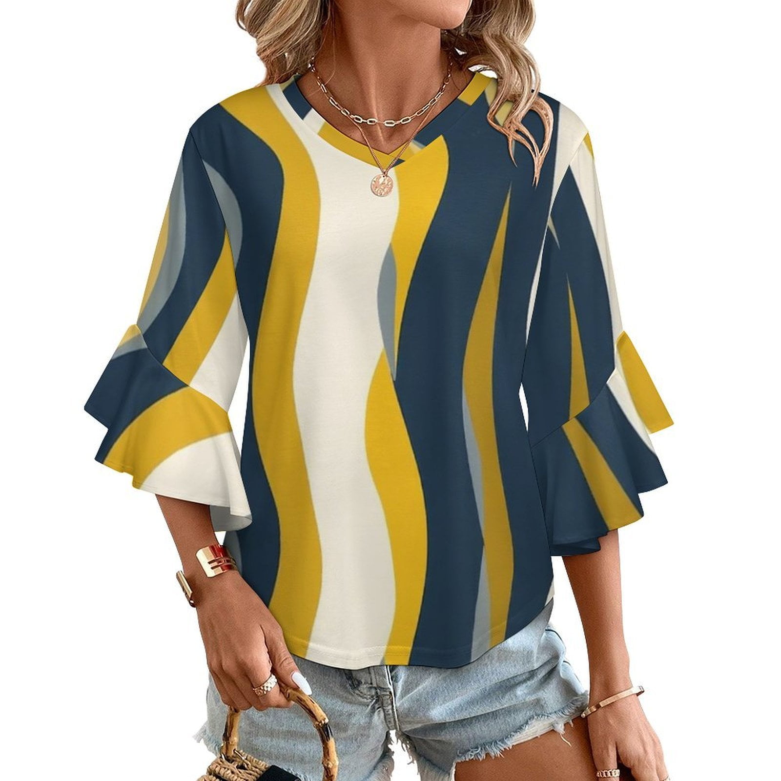Abstract Wavy Yellow Blue Lines Women's V-Neck Blouse With 3/4 Ruffled ...