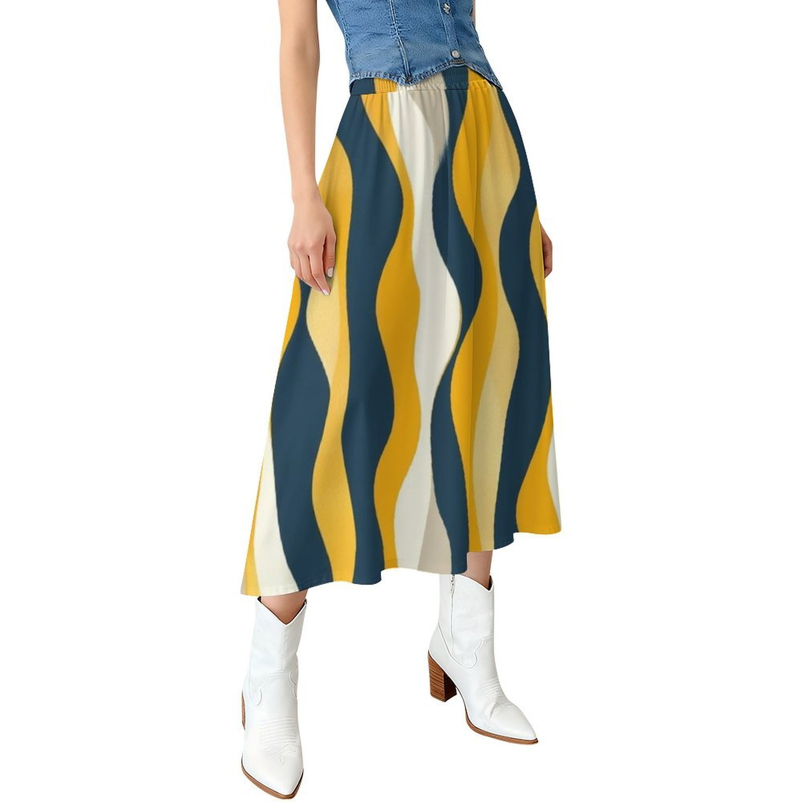 Abstract Wavy Yellow Navy Lines Women High Waist Midi Skirt Elegant ...