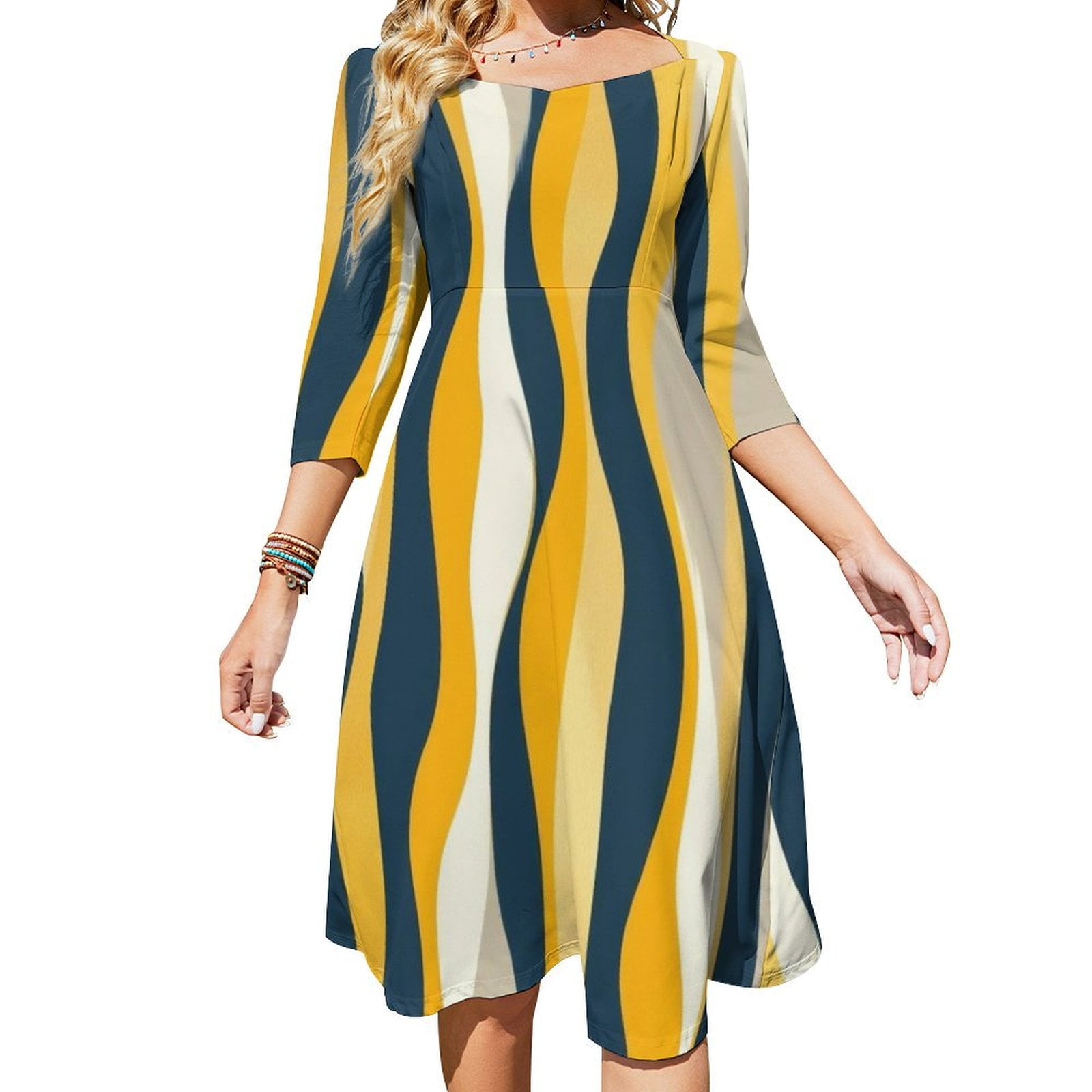 Abstract Wavy Yellow Navy Lines Women's 3/4 Sleeve Dresses Elegant A ...