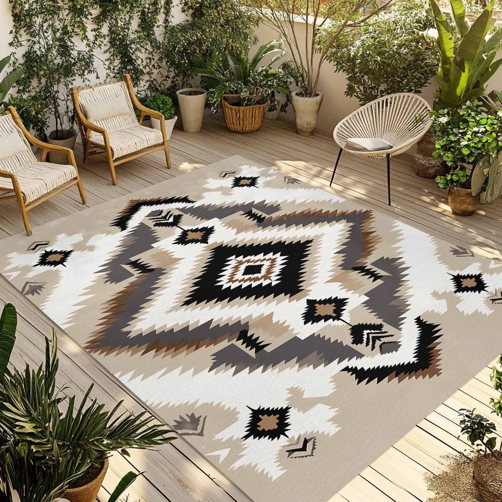 Abstract Weaving Pattern Outdoor Rug, Ethnic Style Retro Brown White ...