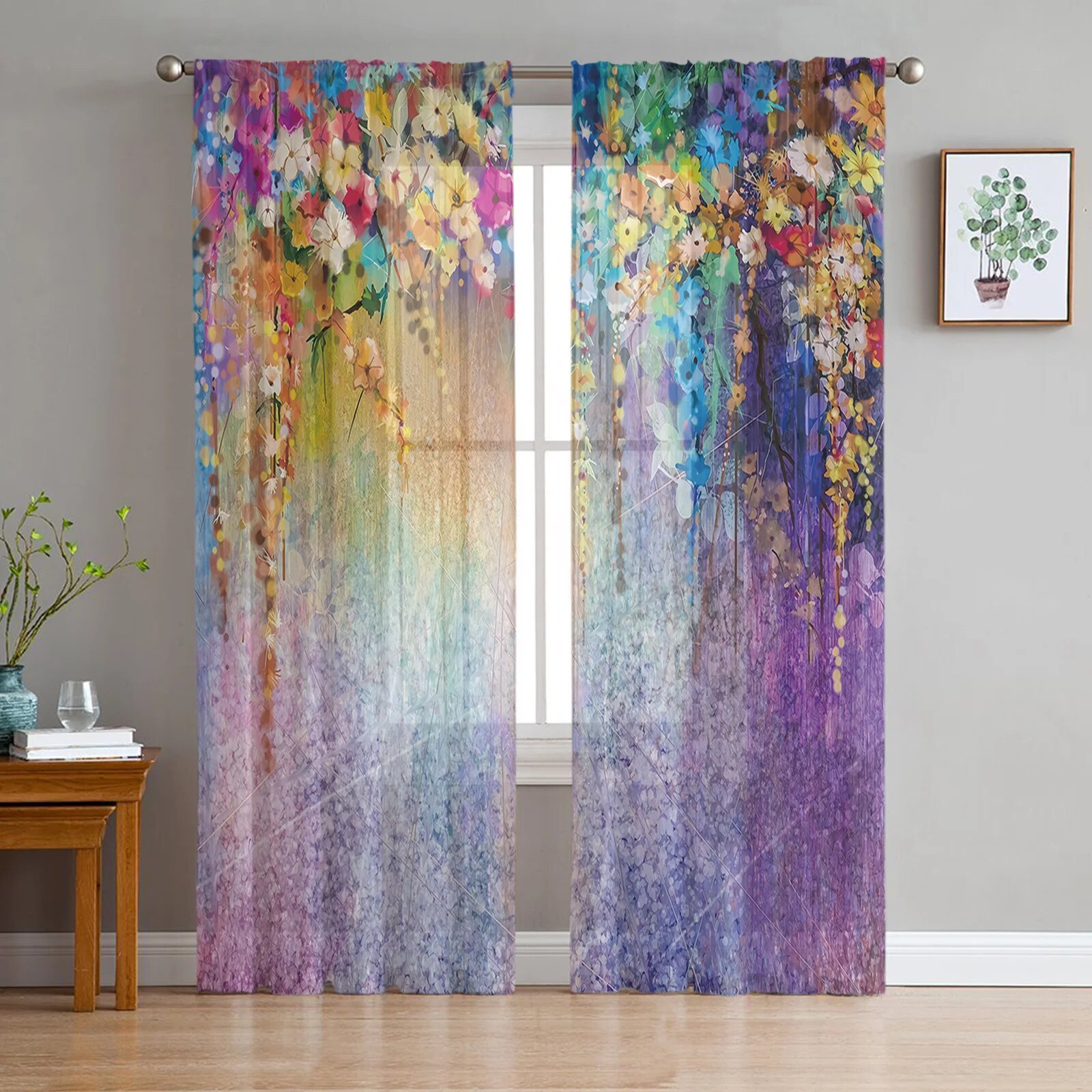 Abstract Weed Flower Shrub Purple Tulle Voile Curtains For Bedroom ...