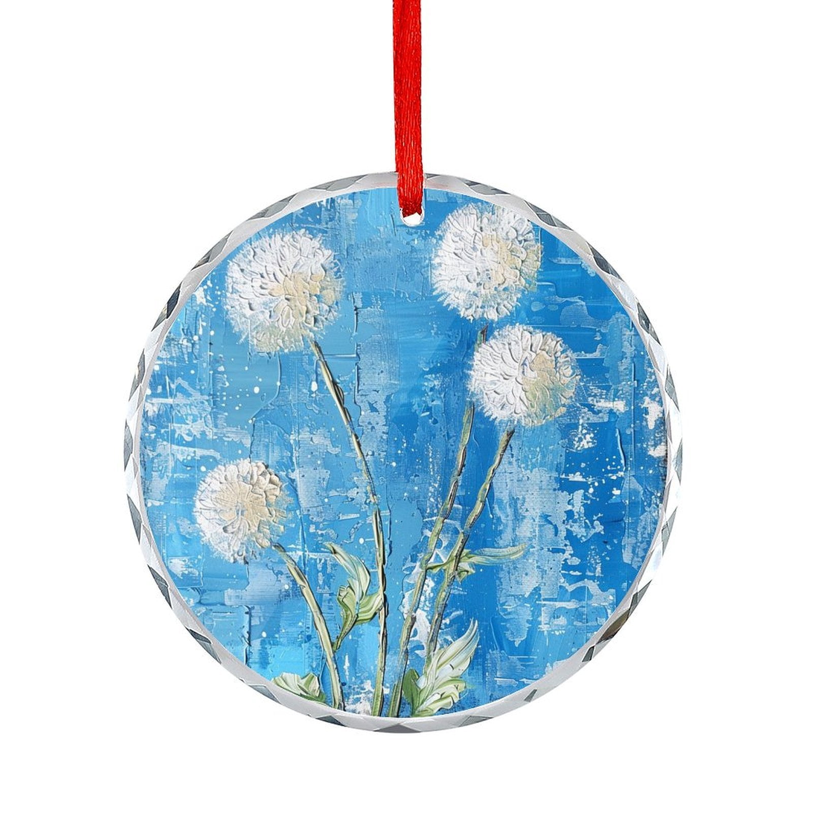 Abstract White Dandelions Xmas Ornament Spring Farmhouse Round Glass ...