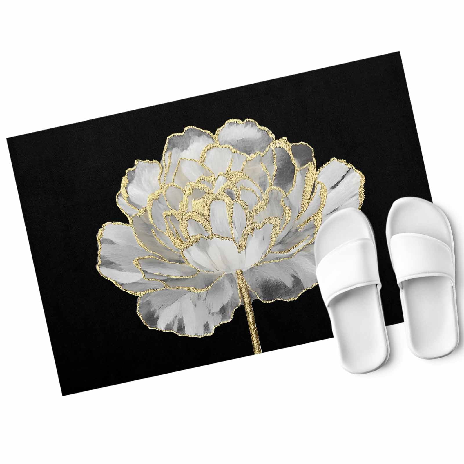 Abstract White Door Mat Gold Floral Black Background Modern Art Non ...