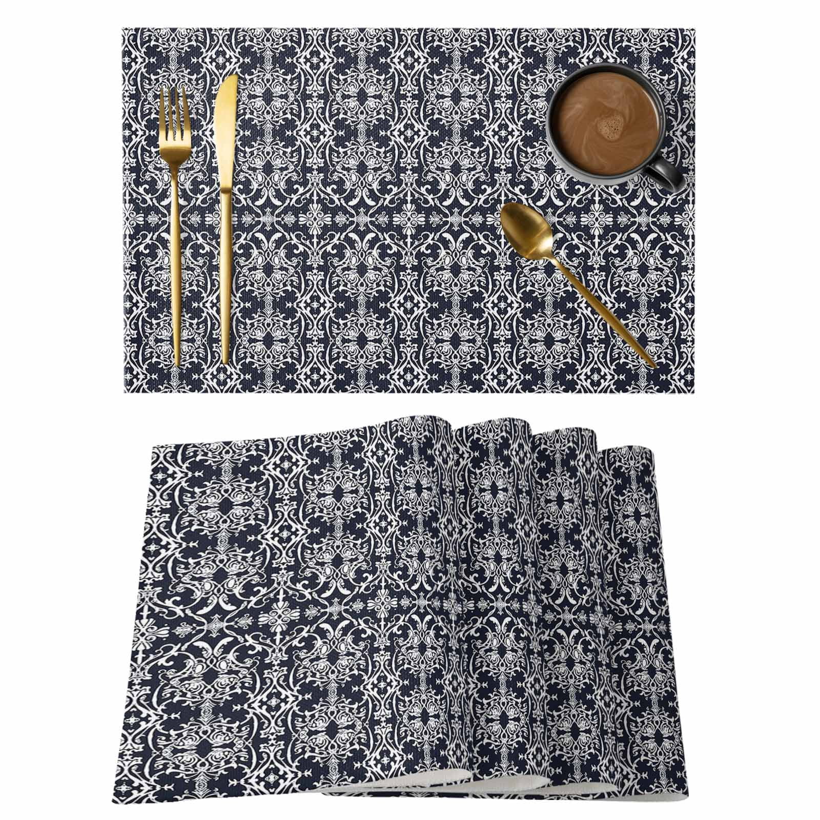 Abstract White Floral on Dark Blue Placemats Set of 6,Wipeable Washable ...