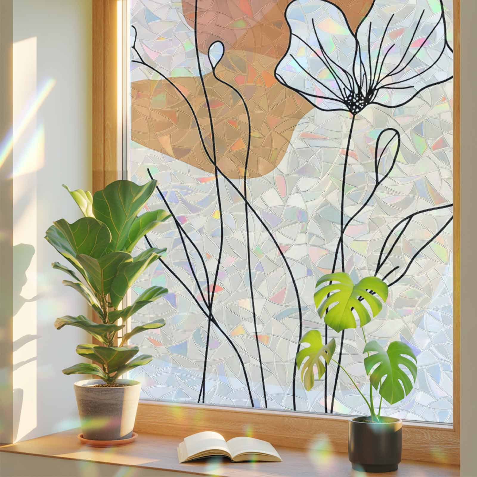 Abstract White Flowers Window Privacy Film, Rainbow Film Decorative ...