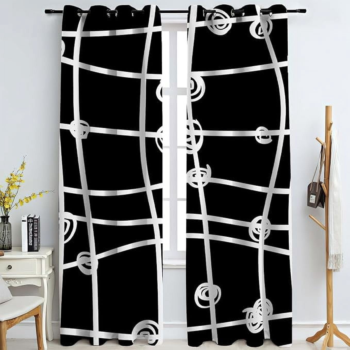 Abstract White Geometric Lines Blackout Curtains, Black and White ...