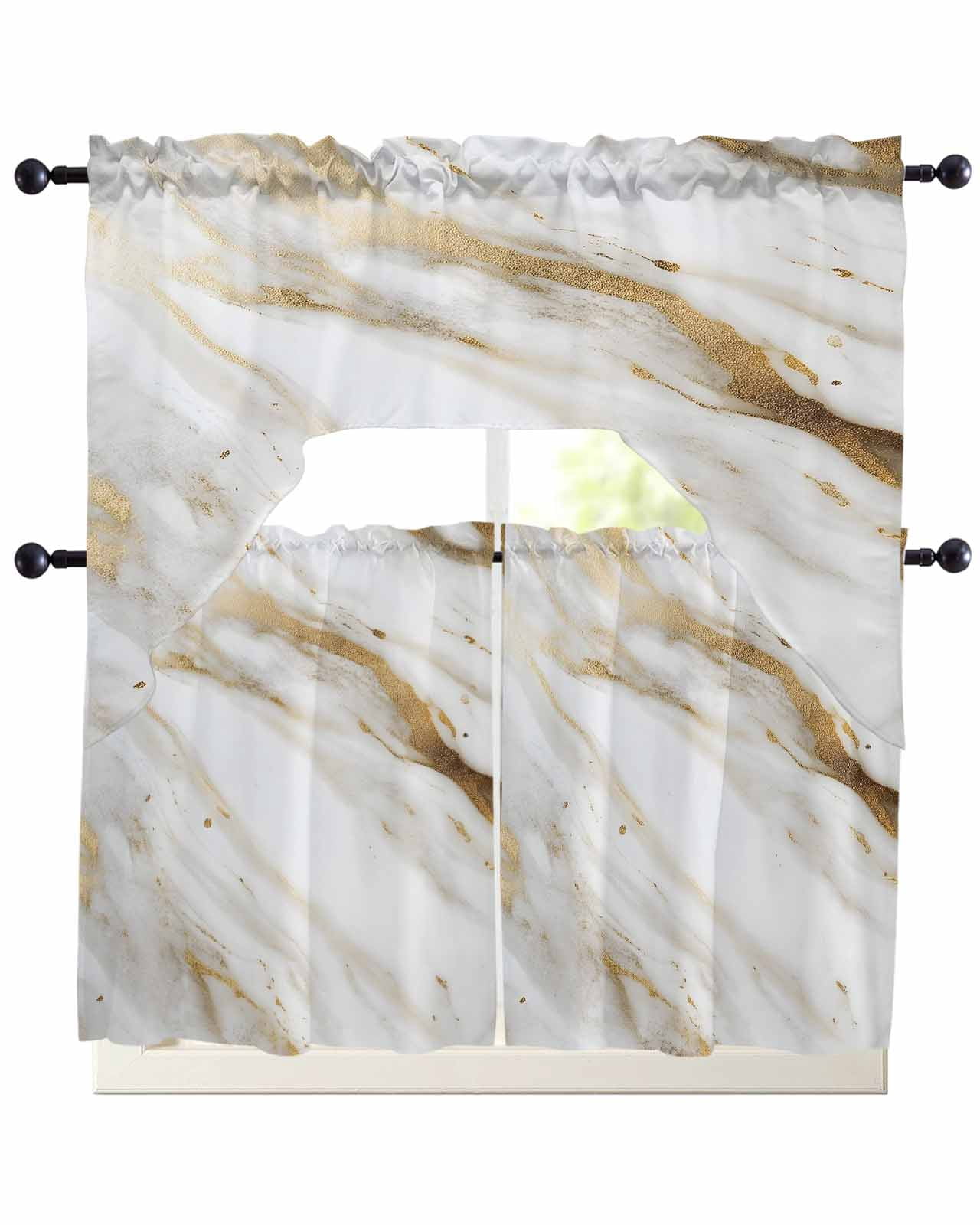 Abstract White Gold Kitchen Curtains Swag Valance and Tier Curtains Set ...