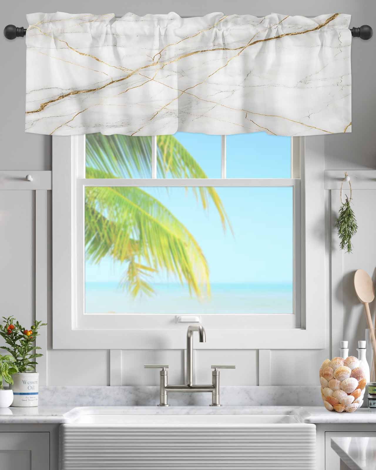 Abstract White Gold Marble Curtain Valances for Kitchen Windows,Rod ...