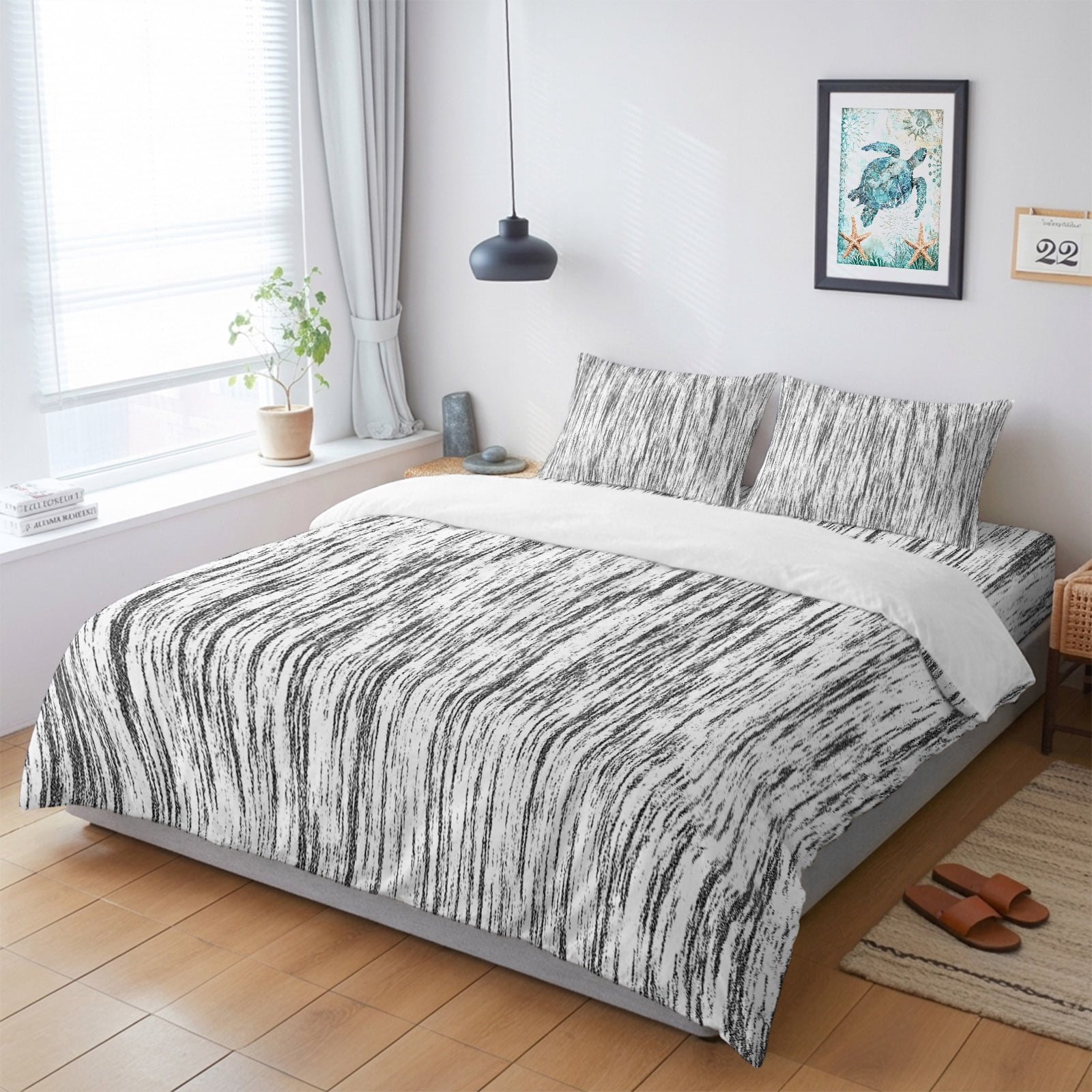 Abstract White Gray Vertical Stripe King Size Bed Set,Imitated Tree ...