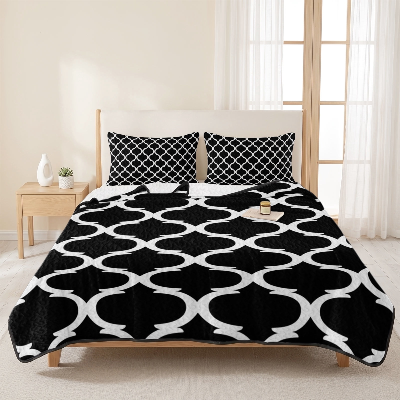 Abstract White Morocco Pattern 3 Pieces Quilt Set,1 Quilt with 2 Shams ...