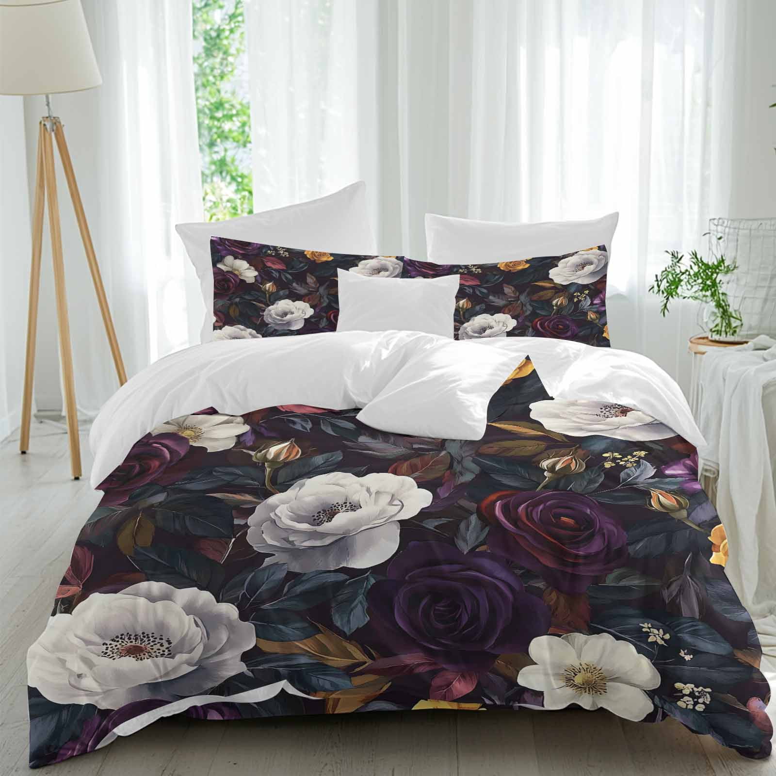 Abstract White Purple Flowers 4 Piece Duvet Cover Set California King ...