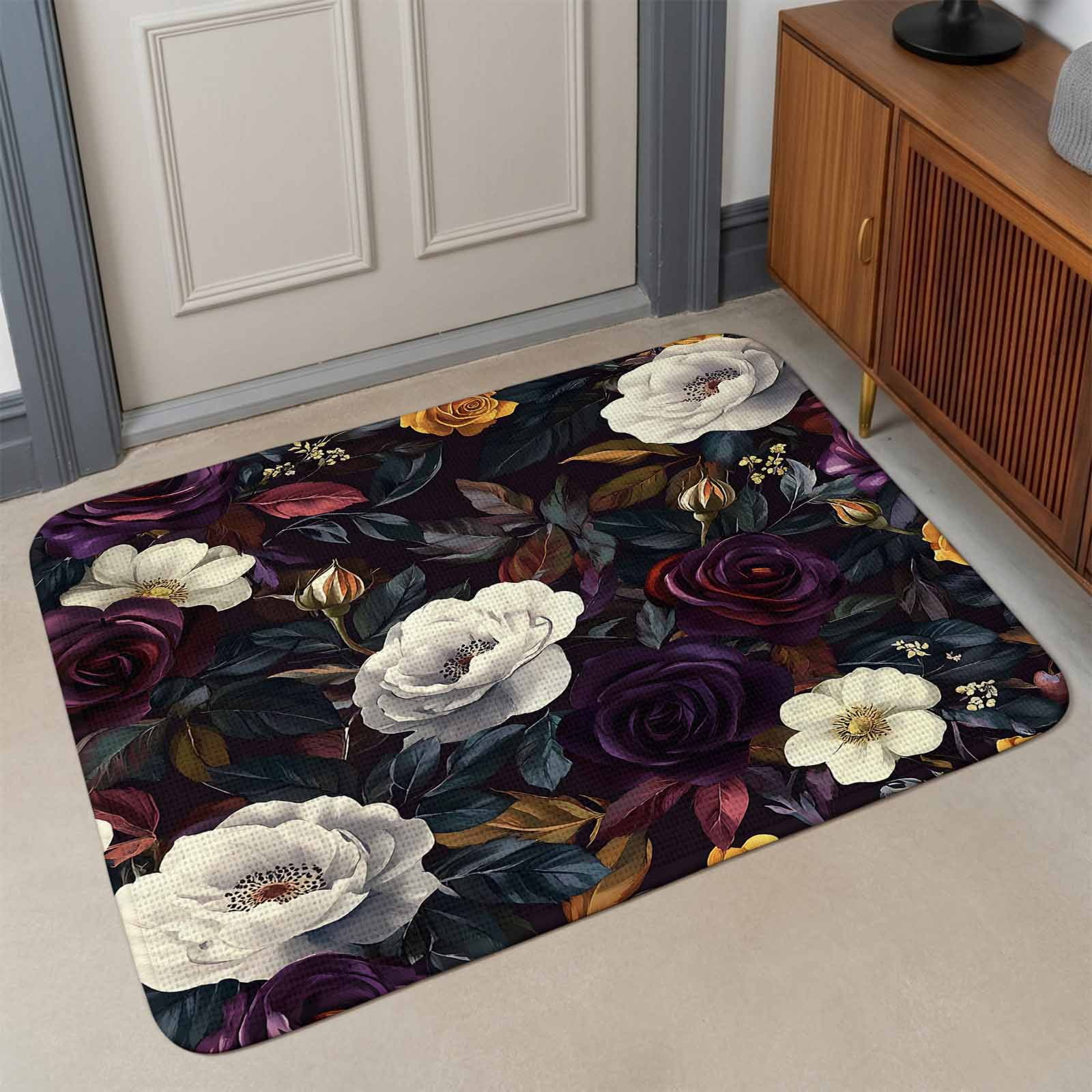 Abstract White Purple Flowers Front Door Mat Indoor Entrance, Roses ...