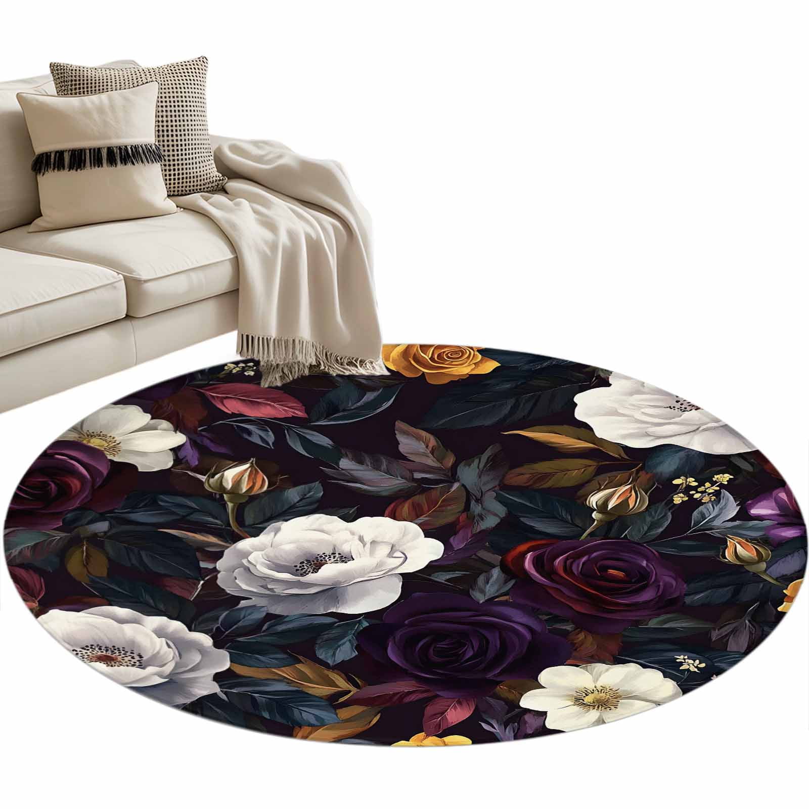 Abstract White Purple Flowers Round Area Rug 3.3ft Roses Modern Art Non ...