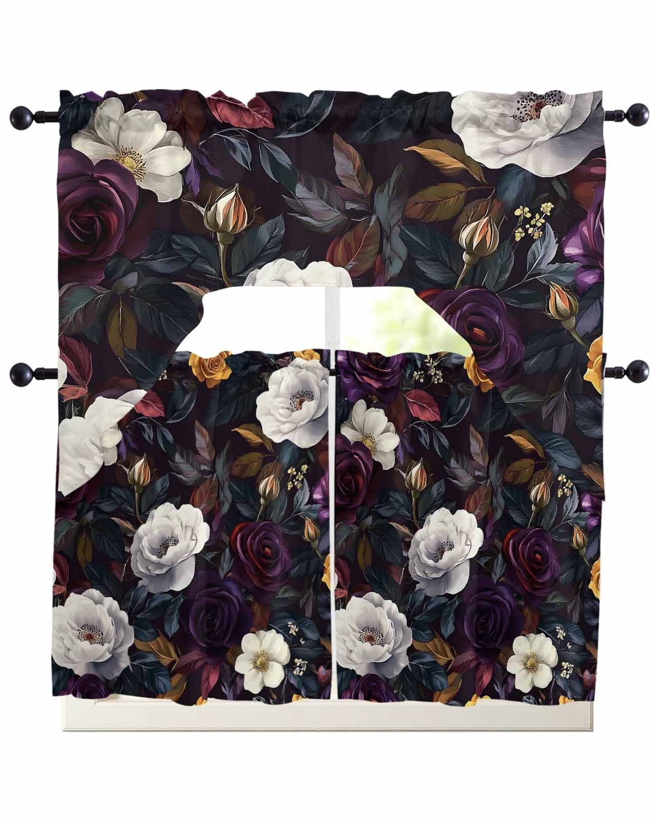 Abstract White Purple Flowers Swag Valance and Tier Curtains Set Roses ...