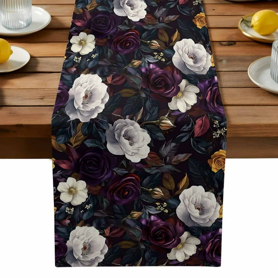 Abstract White Purple Flowers Table Runner, Roses Modern Art Kitchen Table Runners Dress Scarves ...
