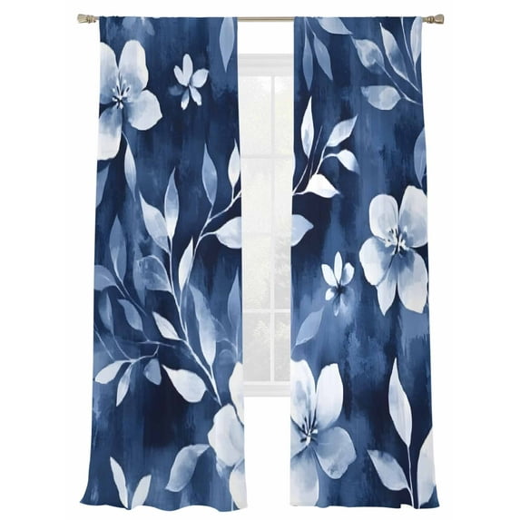 Abstract White Sheer Curtains 2 Panels Set Blue Floral Watercolor ...