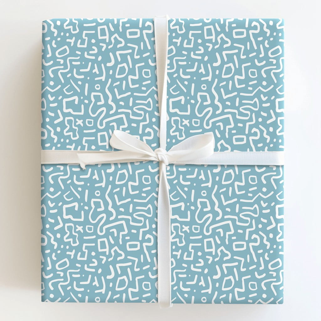 Abstract White Squiggle Line Pattern on Light Blue Gift Wrapping Paper ...