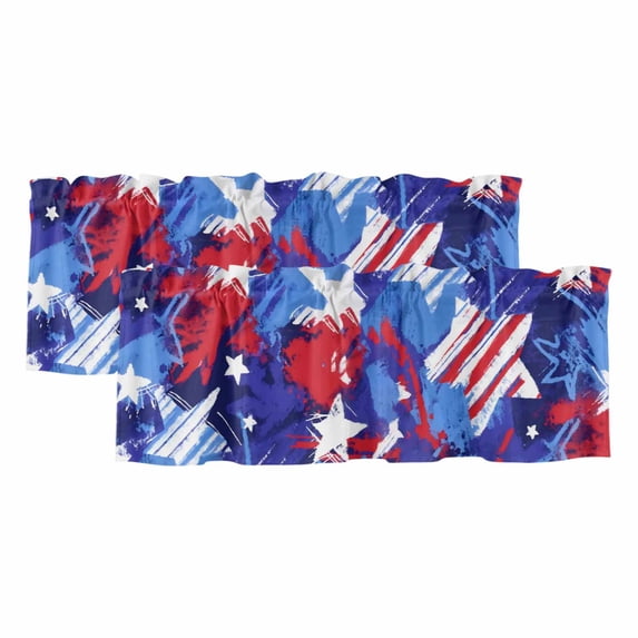 Abstract White Star 2 Panels Kitchen Valance, Red Blue Ink Splatter ...