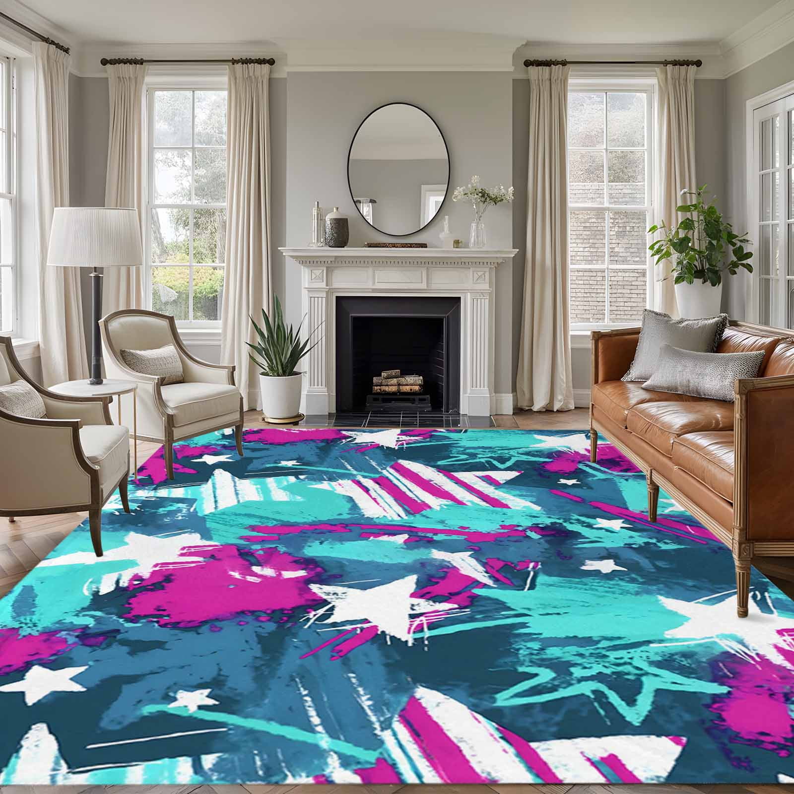 Abstract White Star 8x10 Area Rugs for Living Room, Pink Green Ink ...