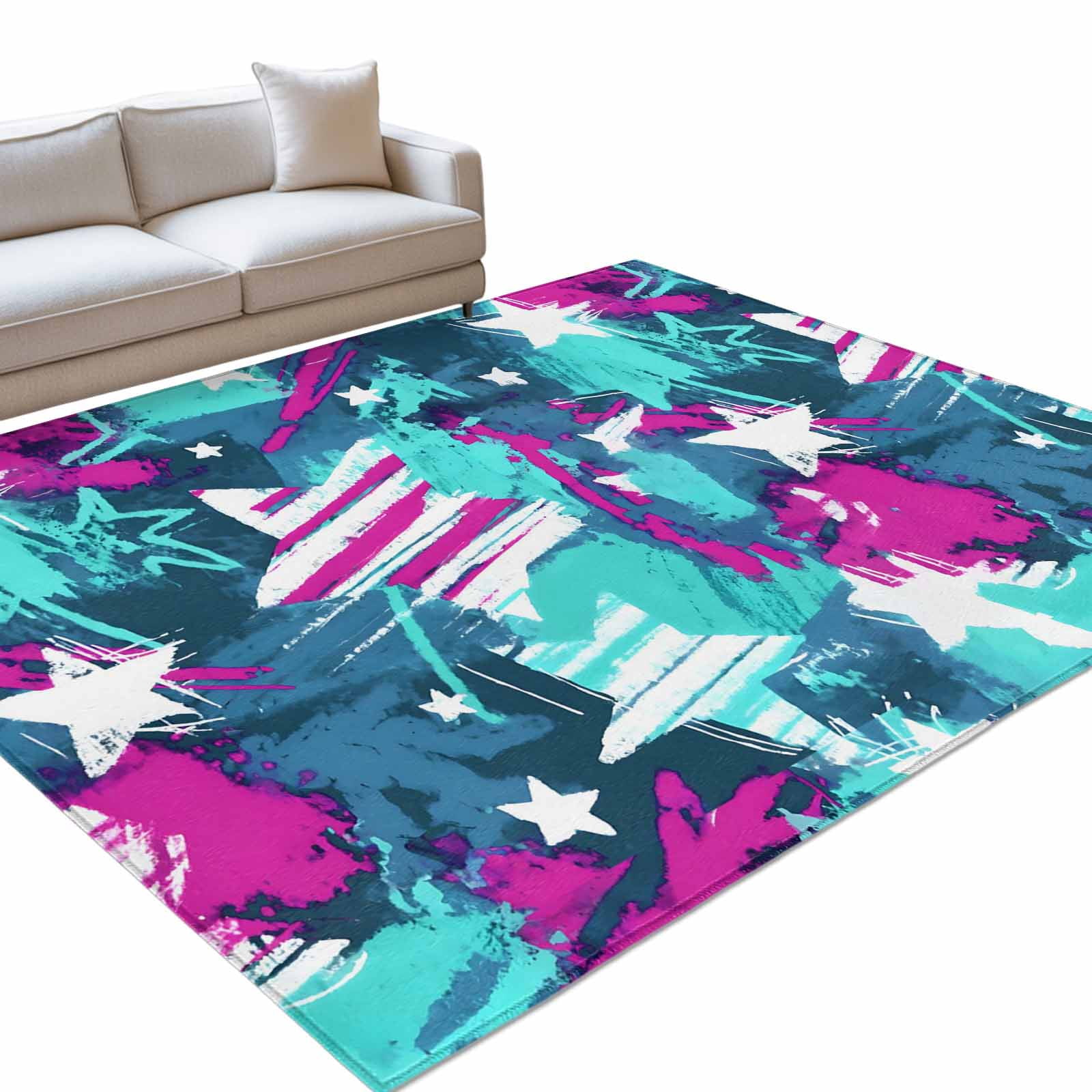 Abstract White Star Area Rugs 5x7ft Pink Green Ink Splatter Graffiti ...