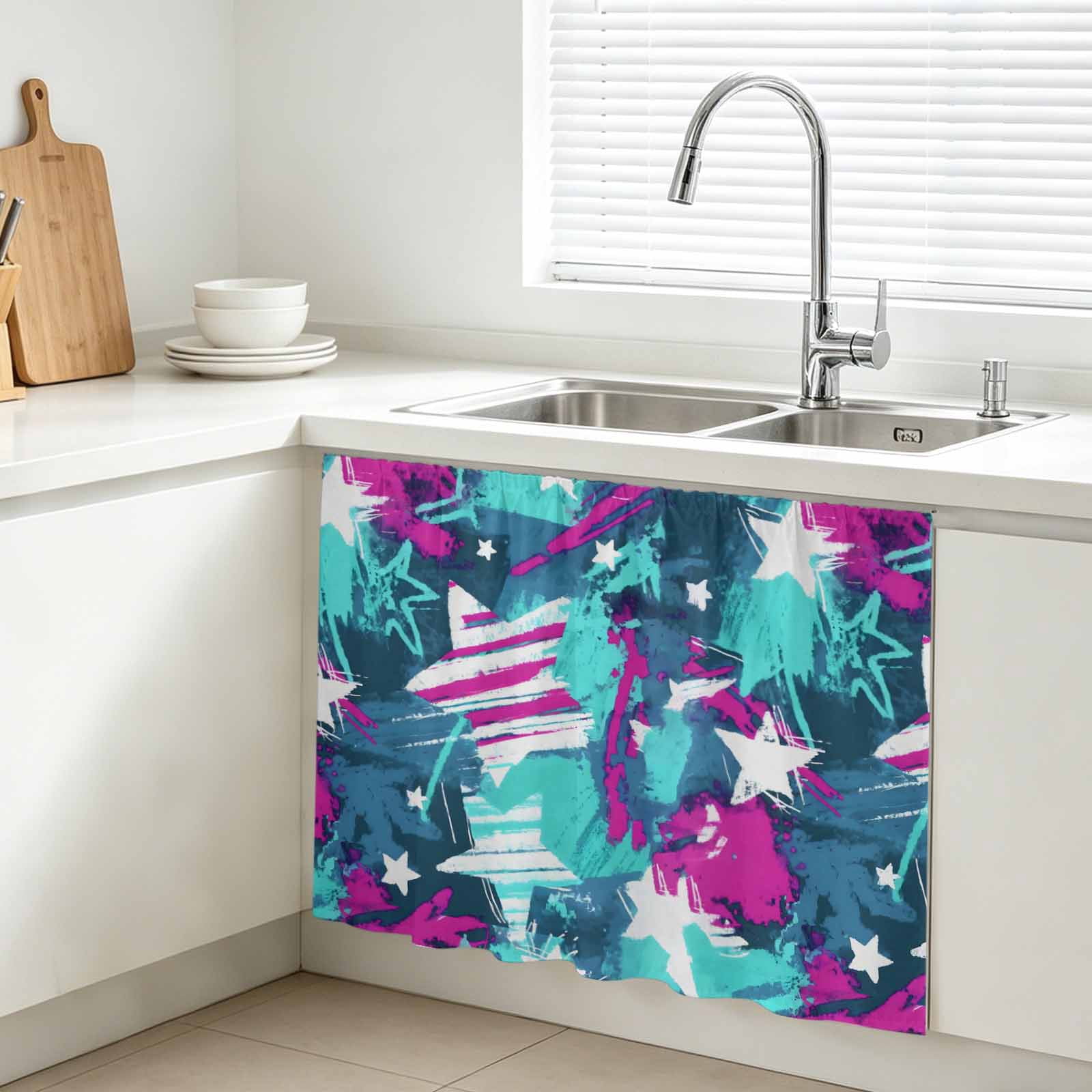 Abstract White Star Cabinet Curtains 28" W x 35" L, Pink Green Ink ...