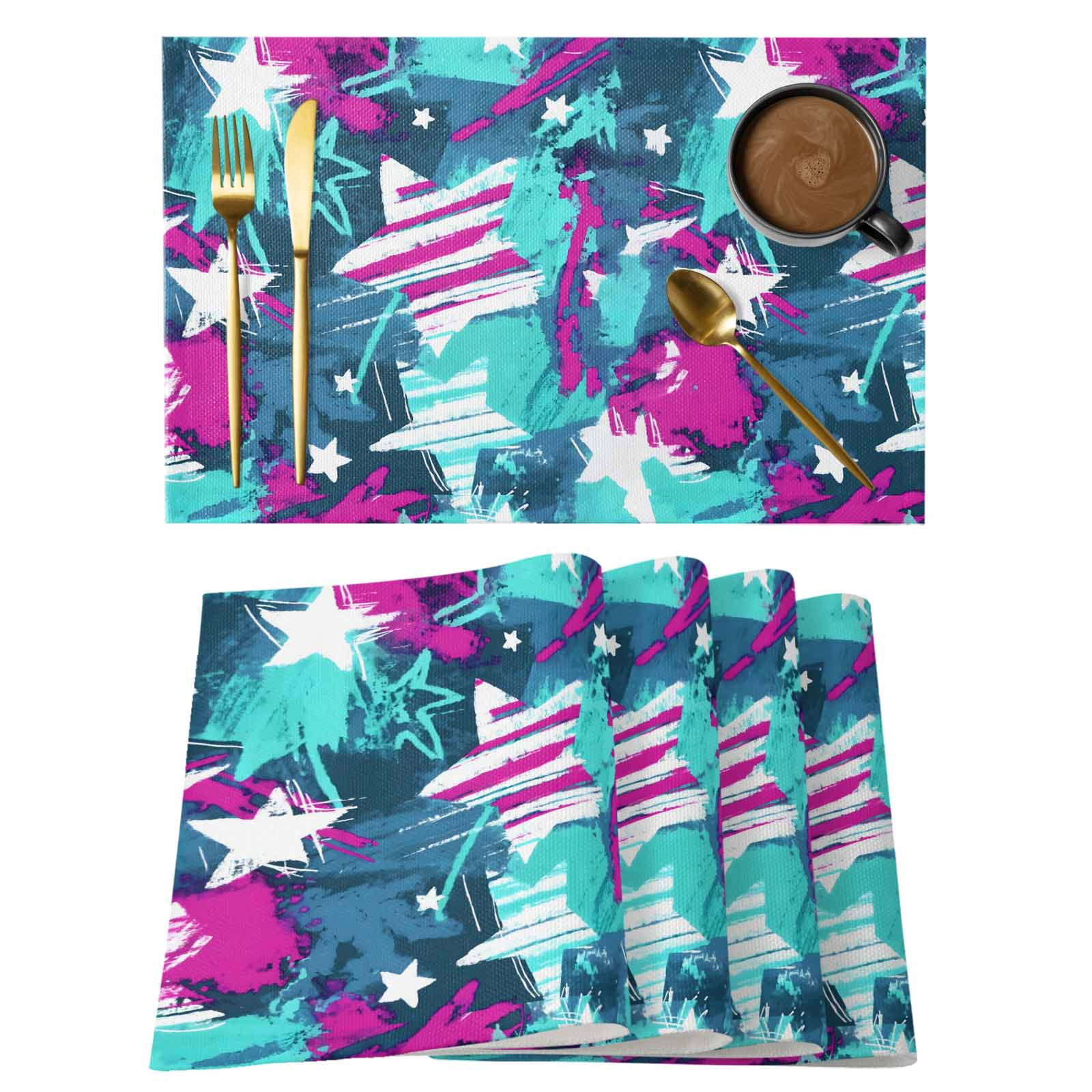 Abstract White Star Cotton Linen Placemats Set of 2, Pink Green Ink ...