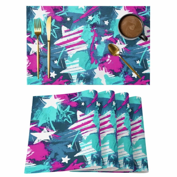 Abstract White Star Cotton Linen Placemats Set of 2, Pink Green Ink ...