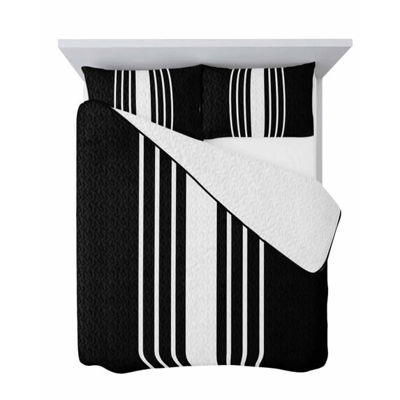 Abstract White Striped 3 Piece Quilt Set Queen Size, Simple Black ...