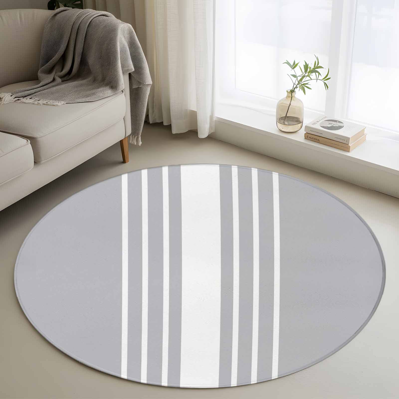 Abstract White Striped 4' Round Rug for Cozy Reading Nook Home Office ...