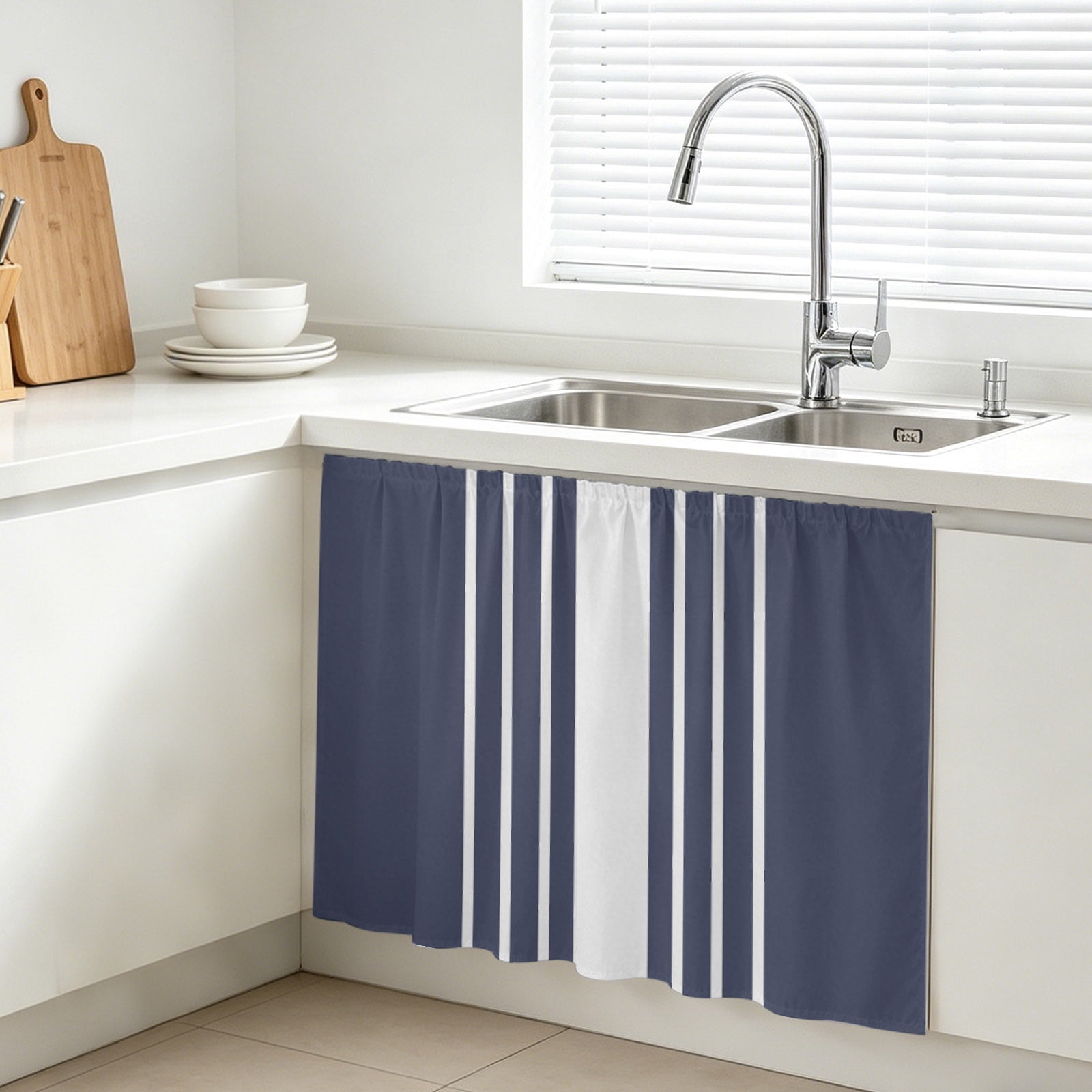 Abstract White Striped Cabinet Curtain, Simple Blue Modern Theme Sink ...
