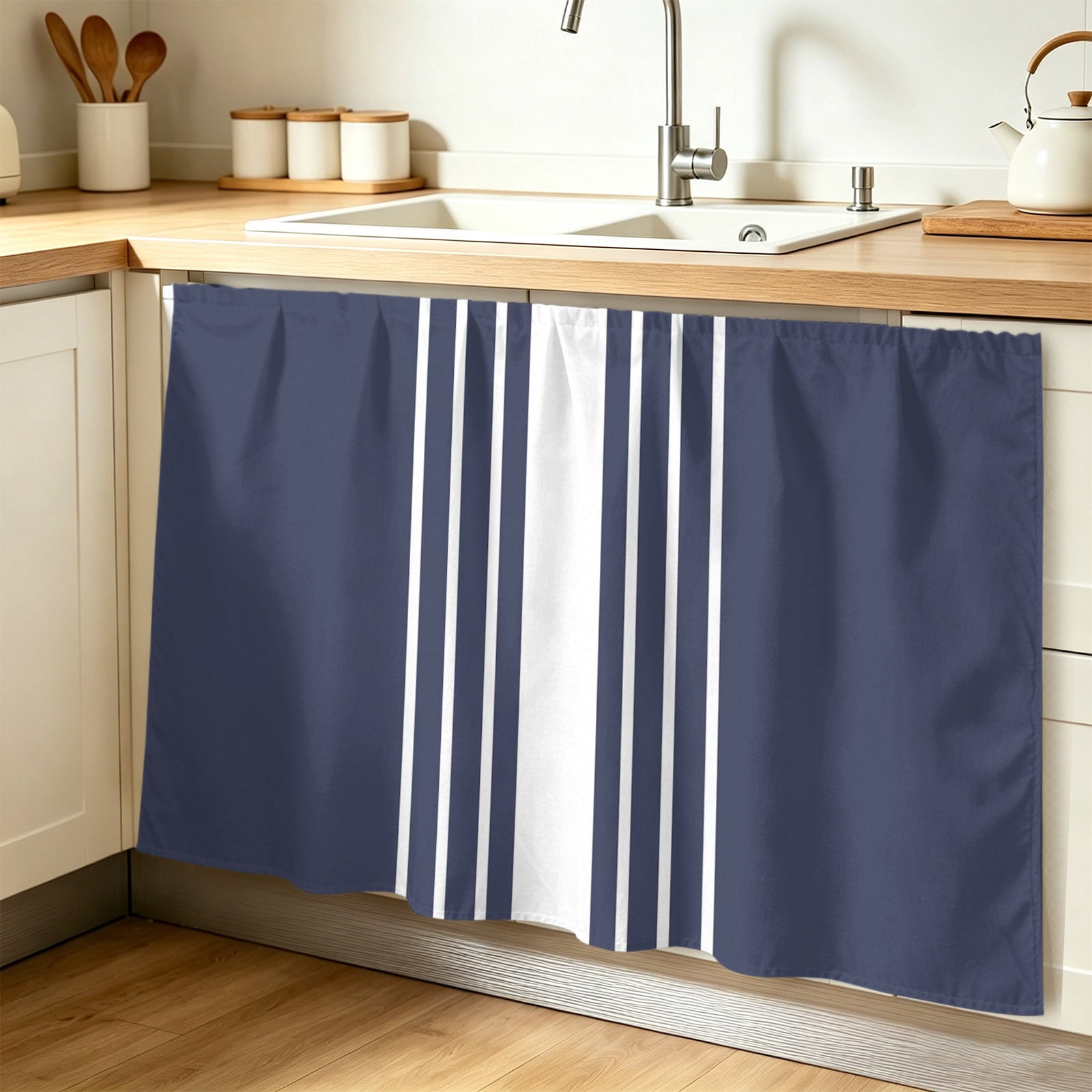Abstract White Striped Cabinet Curtain, Simple Blue Modern Theme Sink ...