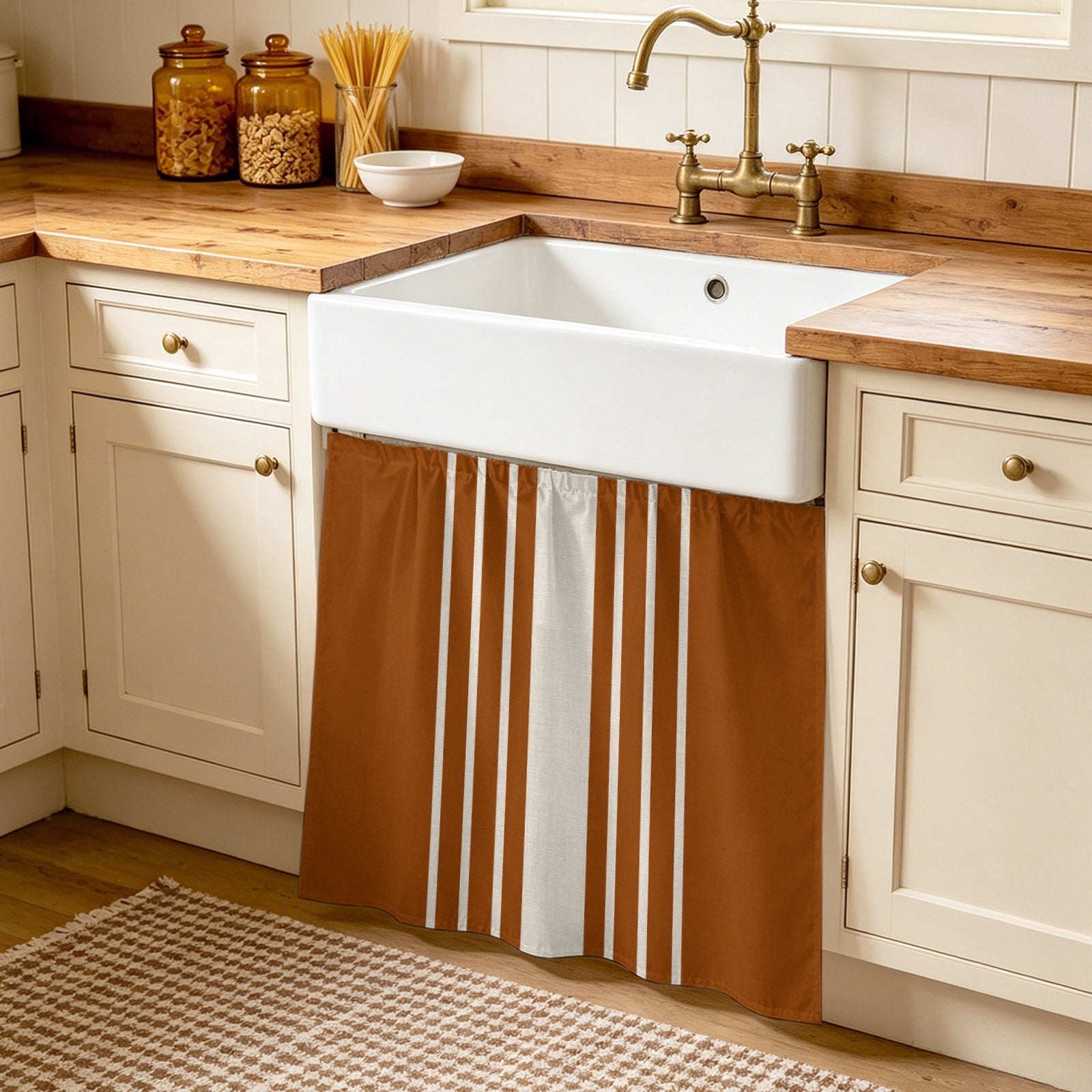 Abstract White Striped Cabinet Curtain, Simple Brown Linen Texture Sink ...