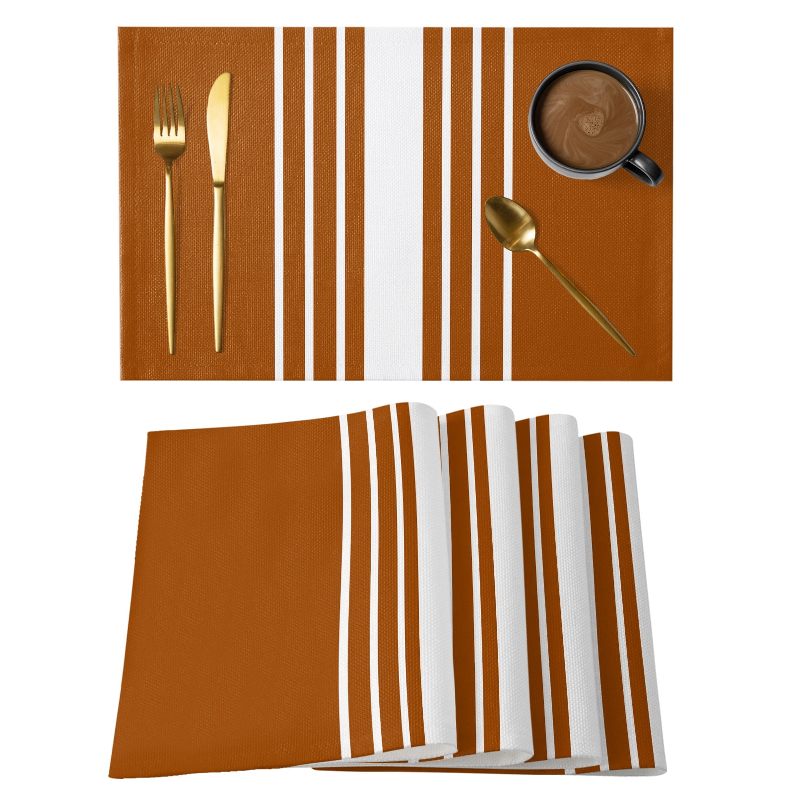 Abstract White Striped Cotton Linen Placemats Set of 4, Simple Brown ...