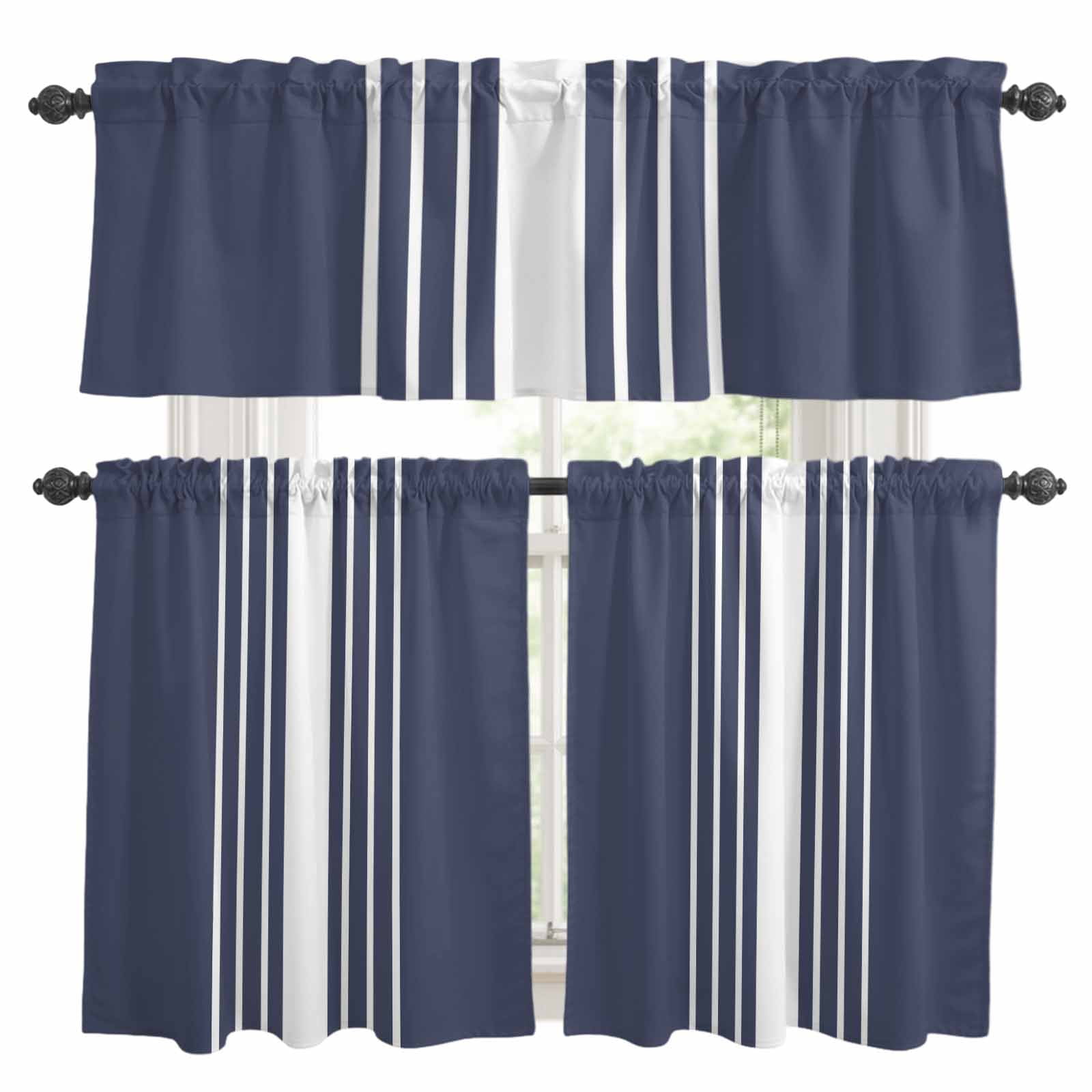 Abstract White Striped Kitchen Curtains and Valances Set, Simple Blue ...