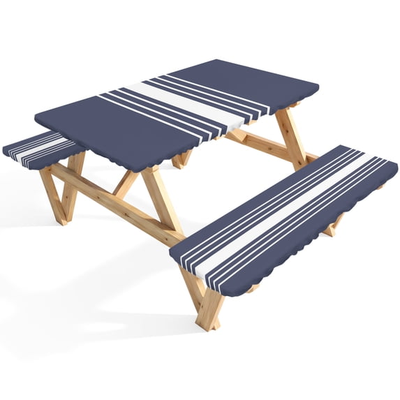 Abstract White Striped Picnic Table Cover with Bench Covers Simple Blue ...