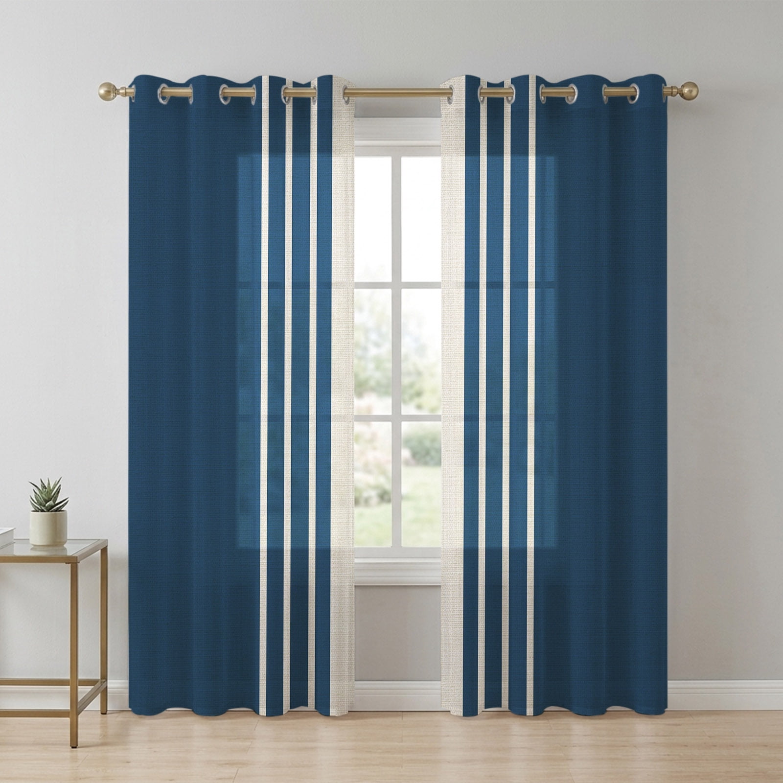 Abstract White Striped Sheer Curtains 63 Inch Long 2 Panels, Simple ...