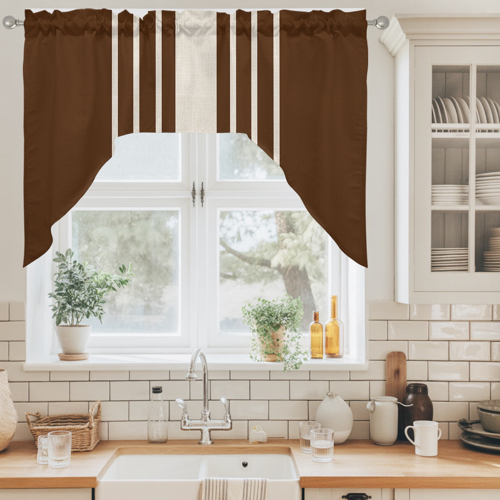 Abstract White Striped Swag Curtain Valance for Windows, Simple Brown ...