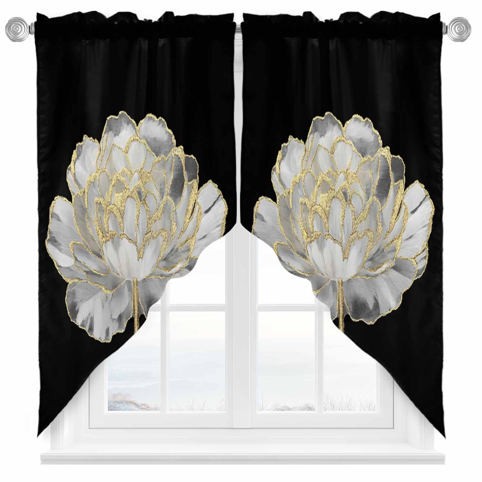 Abstract White Swag Curtain Valance for Windows, Gold Floral Black ...
