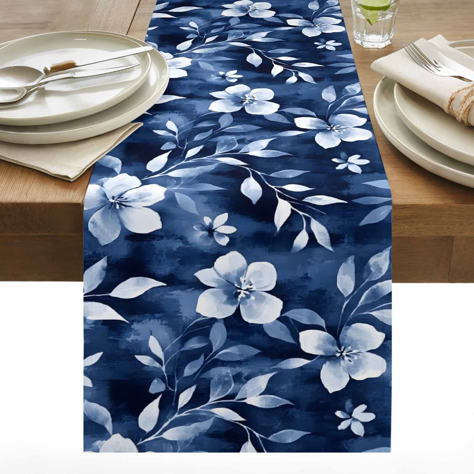 Abstract White Table Runner 13x90 inch Blue Floral Watercolor ...