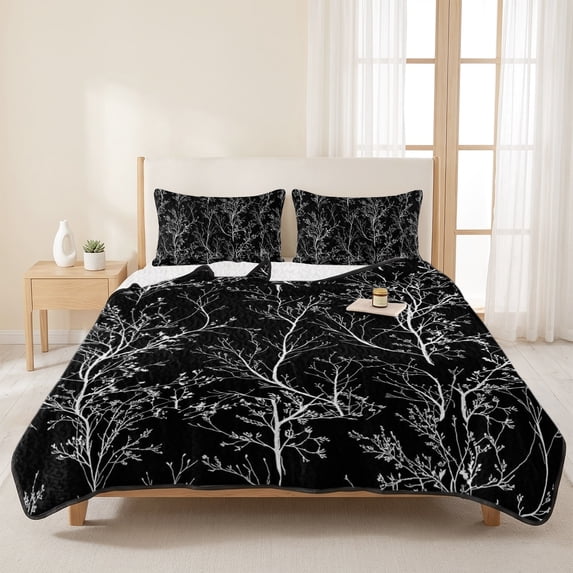 Abstract White Tree Branch on Black 3 Pieces Quilt Set,1 Quilt with 2 ...