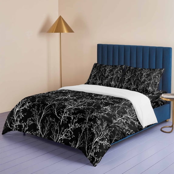 Abstract White Tree Branch on Black Queen Size Bed Set,Modern Plant ...