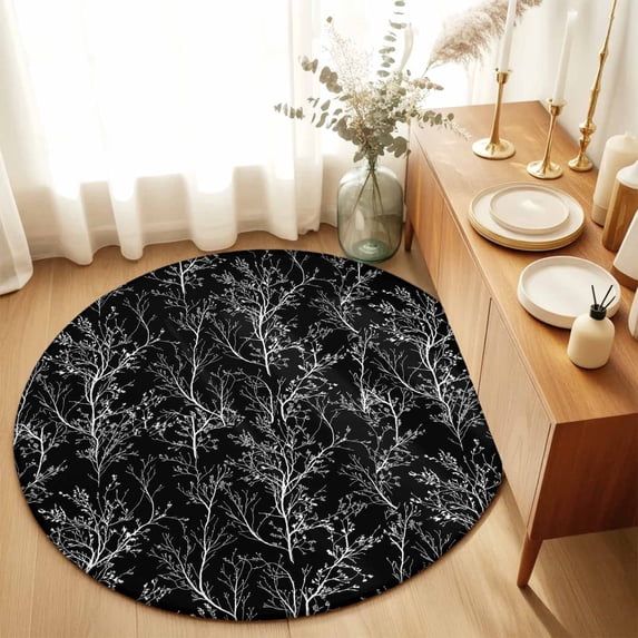 Abstract White Tree Branch on Black Round Rug 3ft Modern Plant Texture ...