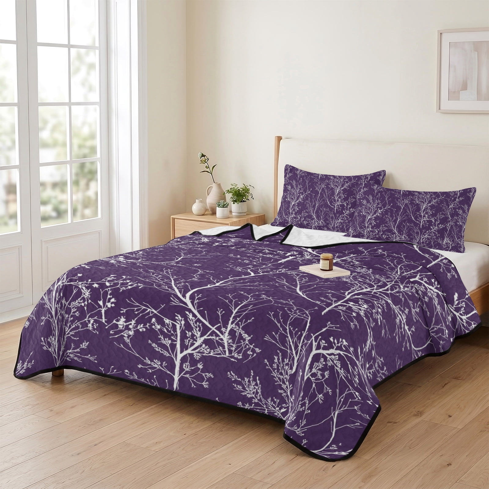 Abstract White Tree on Purple 3 Pieces Quilt Set,1 Quilt with 2 Shams ...