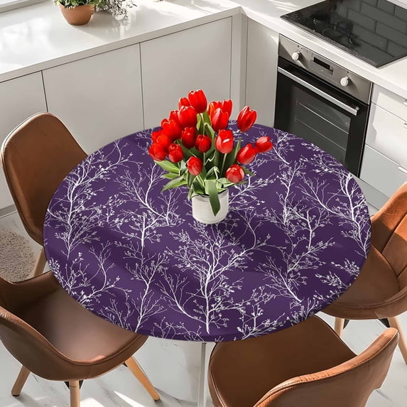 Abstract White Tree on Purple Round Fitted Tablecloth with Elastic Edge ...