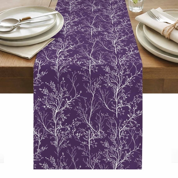 Abstract White Tree on Purple Table Runner 13x48in Non-Slip Cotton ...