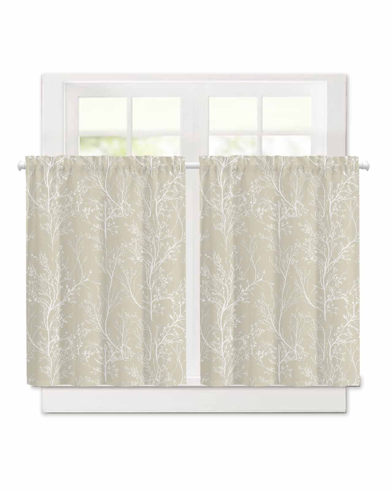 Abstract White Tree Sketch on Beige Short Blackout Curtains 45 Inch ...