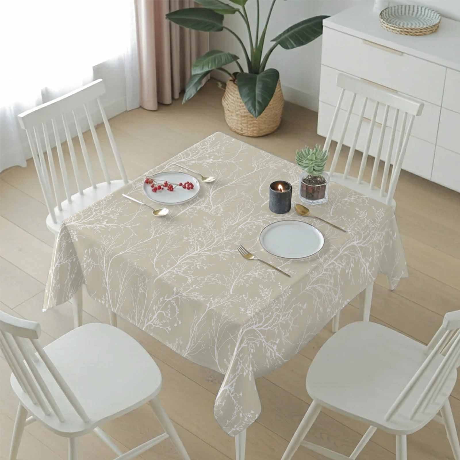 Abstract White Tree Sketch on Beige Table Cloth 54x54in, Waterproof ...
